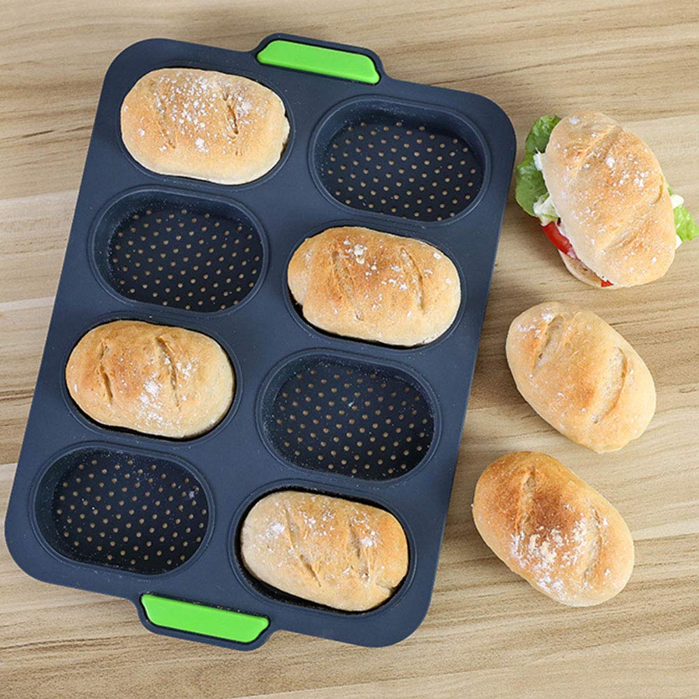 Silicone Baguette pan Mini Baguette Baking Tray, Bread Crisping Tray Hot Dog Molds, Non-stick Perforated French Bread Loaf Baking Mould, Toast Cooking Bakers Roll Pan Sandwich Mold (Grey)