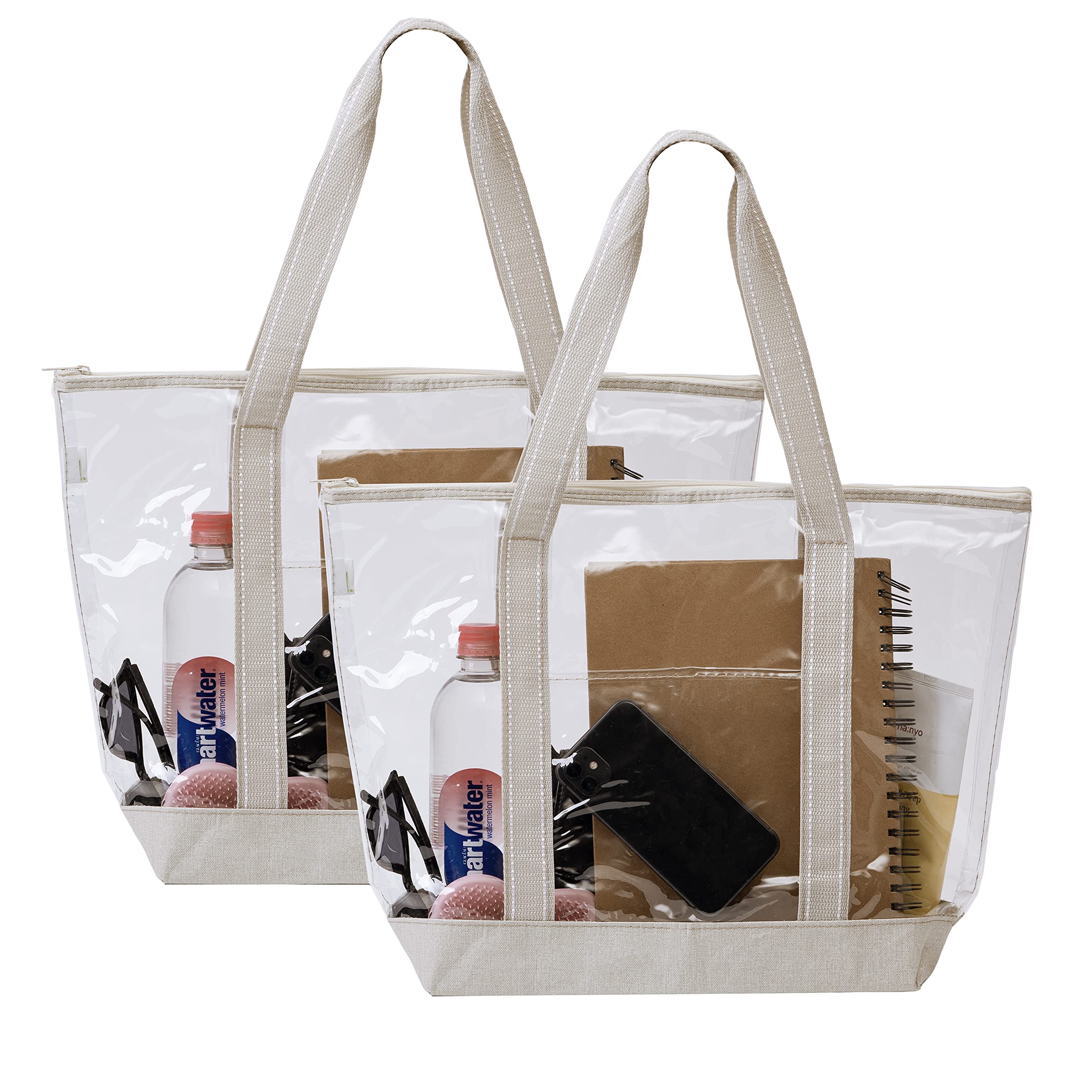 VENO 2 Pack Clear Beach Bag, Large Transparent Large Tote Bags for Women Swim Pool Gym Summer Vacation Essentials - Beige