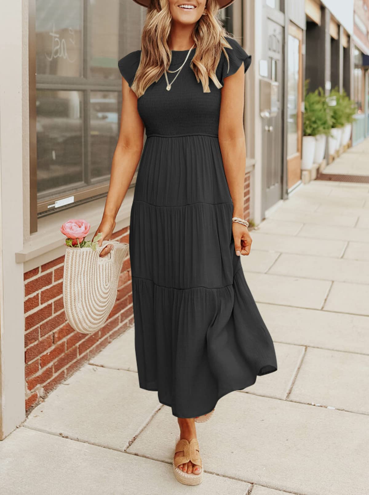 MEROKEETY Women's Summer Smocked Midi Dress Flutter Sleeve Elastic Waist Tiered Midi Long Dress,Black,XS