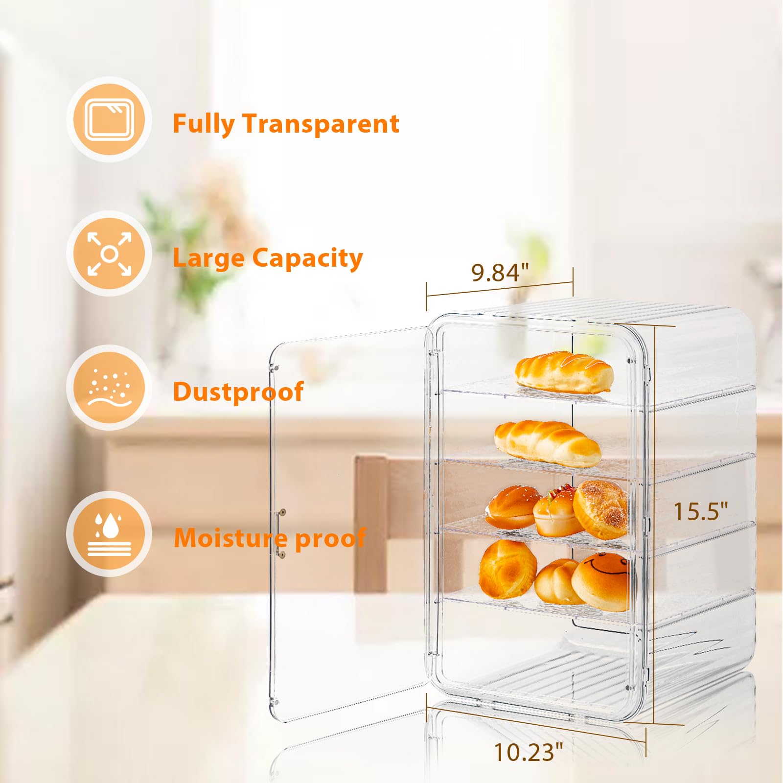 JILLMO Pastry Display Case, Bakery Display Case, Bread Box Plastic, Bread Keeper Storage Container Airtight, Four-Ply Adjustable Height Bread Boxes for Kitchen Counter