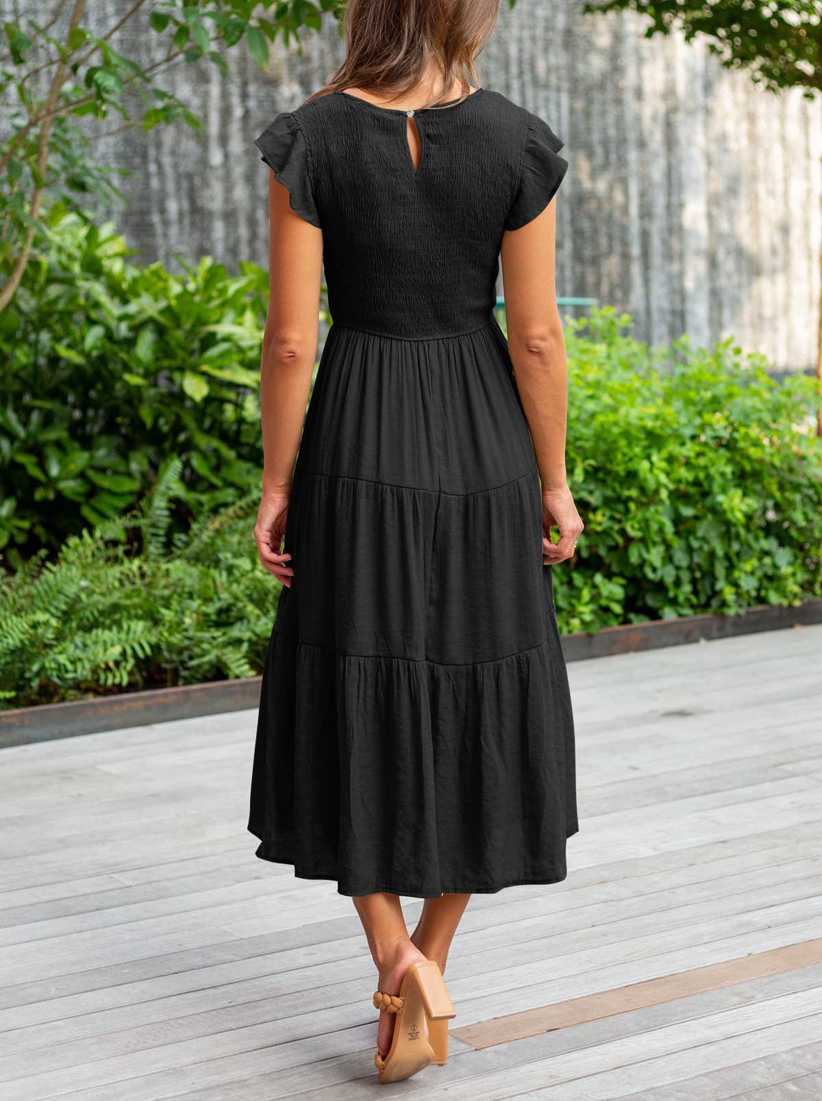 MEROKEETY Women's Summer Smocked Midi Dress Flutter Sleeve Elastic Waist Tiered Midi Long Dress,Black,XS