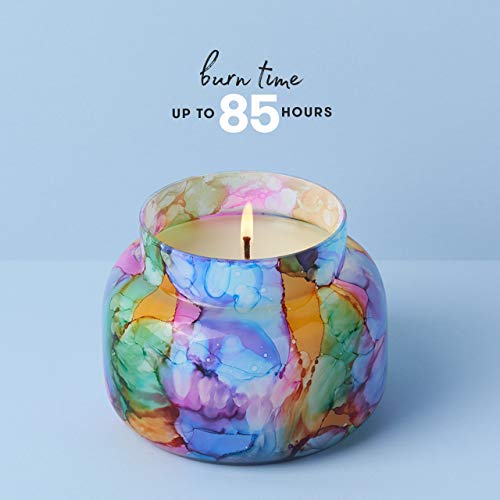Capri Blue Scented Candle with Rainbow Watercolor Glass Candle Holder - Cotton Wick - Luxury Aromatherapy Candle - 19 Oz - Volcano