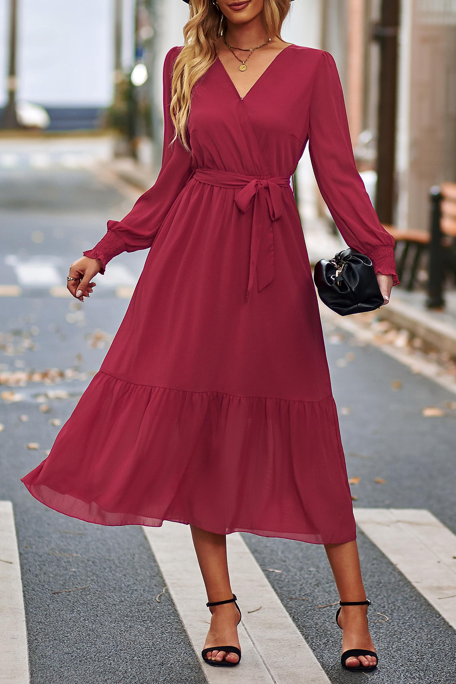 PRETTYGARDEN Women's Floral Print Boho Dress Long Sleeve Wrap V Neck Ruffle Belted A-Line Flowy Maxi Dresses (Solid Wine Red,Medium)