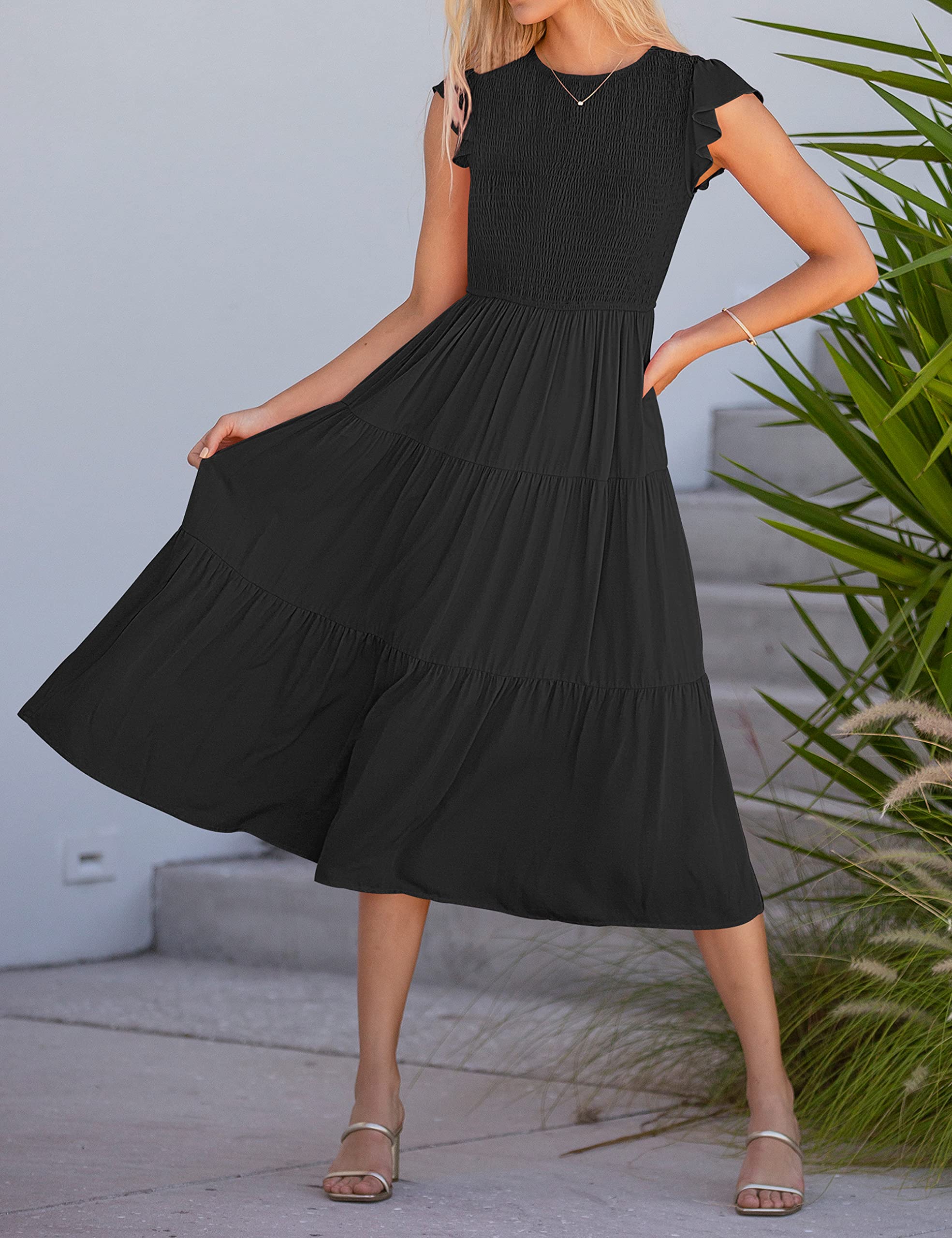 MEROKEETY Women's Summer Smocked Midi Dress Flutter Sleeve Elastic Waist Tiered Midi Long Dress,Black,XS