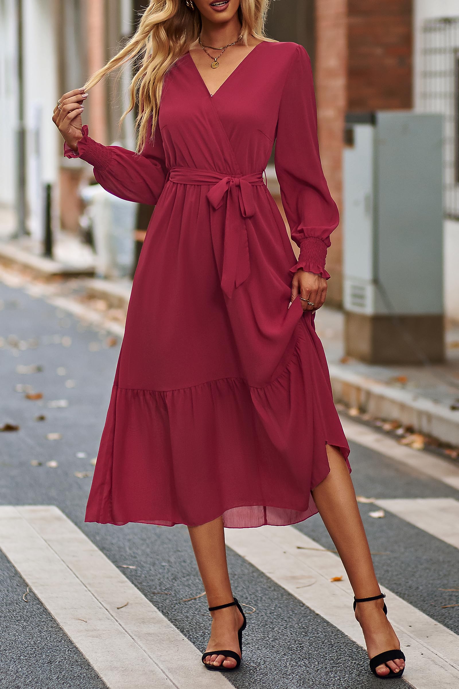 PRETTYGARDEN Women's Floral Print Boho Dress Long Sleeve Wrap V Neck Ruffle Belted A-Line Flowy Maxi Dresses (Solid Wine Red,Medium)