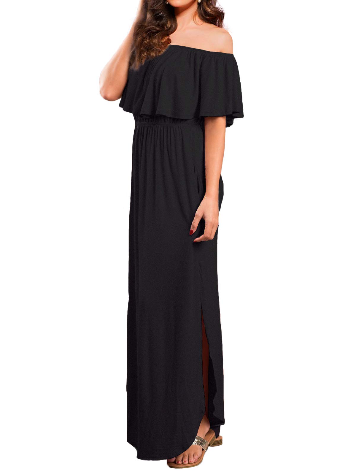 VERABENDI Women's Off Shoulder Summer Casual Long Ruffle Beach Maxi Dress with Pockets Black L