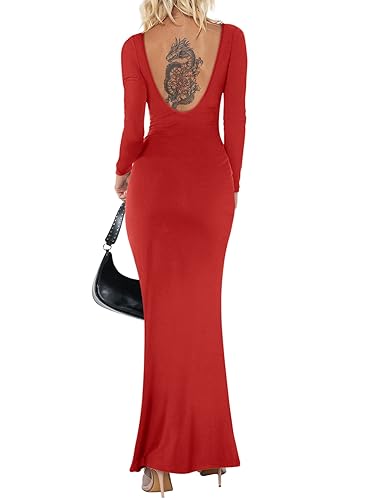 REORIA Womens Sexy V Backless Soft Lounge Long Dress Fall Wedding Guest Casual Going Out Boat Neck Long Sleeve Ribbed Bodycon Maxi Dresses Red Small