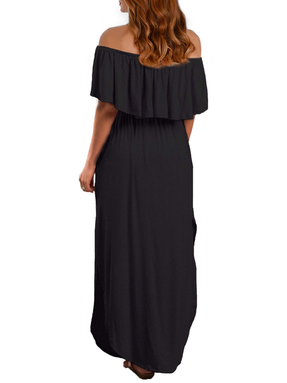 VERABENDI Women's Off Shoulder Summer Casual Long Ruffle Beach Maxi Dress with Pockets Black L