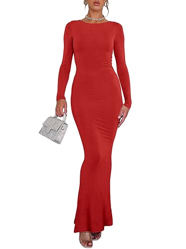 REORIA Womens Sexy V Backless Soft Lounge Long Dress Fall Wedding Guest Casual Going Out Boat Neck Long Sleeve Ribbed Bodycon Maxi Dresses Red Small
