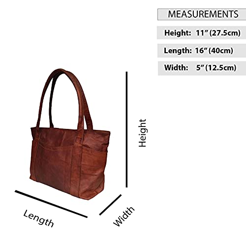 Madosh Vintage Genuine Leather Womens Tote Style Shoulder Handbag Valentine Gift Shopper Brown 16” Bag