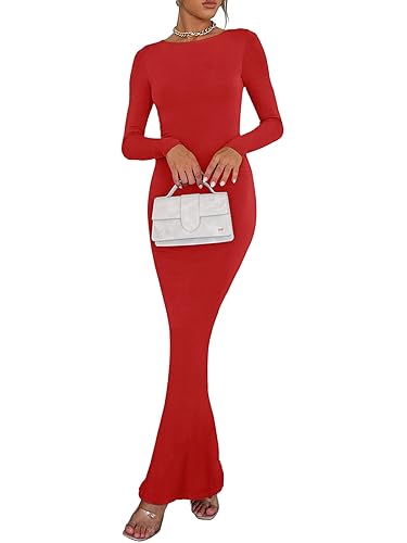 REORIA Womens Sexy V Backless Soft Lounge Long Dress Fall Wedding Guest Casual Going Out Boat Neck Long Sleeve Ribbed Bodycon Maxi Dresses Red Small