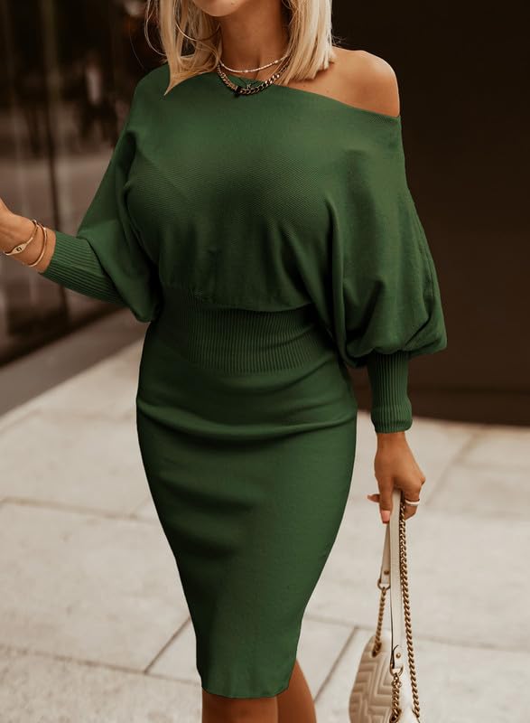 Dokotoo Green Sweater Dress for Women Elegant Off Shoulder Long Lantern Sleeve Elastic Waist Bodycon Sexy Pullover Mini Dresses Knee Length Large