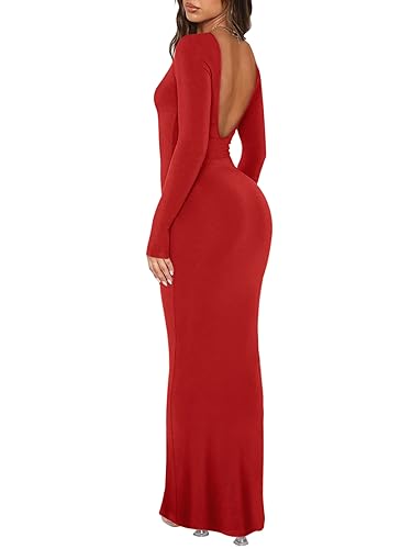 REORIA Womens Sexy V Backless Soft Lounge Long Dress Fall Wedding Guest Casual Going Out Boat Neck Long Sleeve Ribbed Bodycon Maxi Dresses Red Small