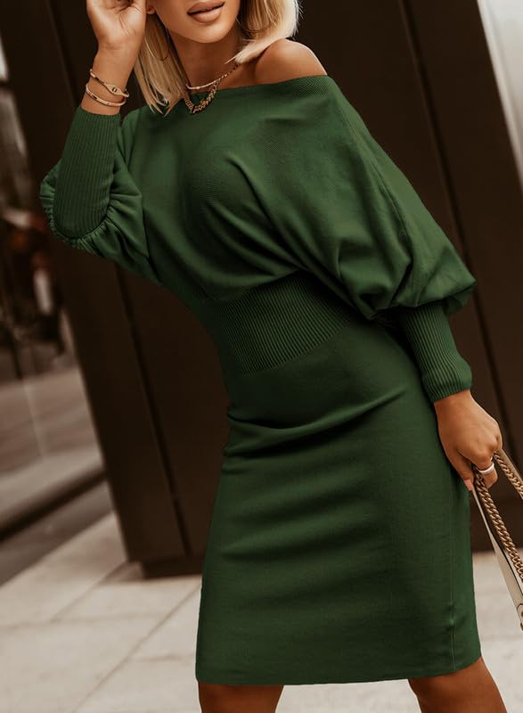 Dokotoo Green Sweater Dress for Women Elegant Off Shoulder Long Lantern Sleeve Elastic Waist Bodycon Sexy Pullover Mini Dresses Knee Length Large
