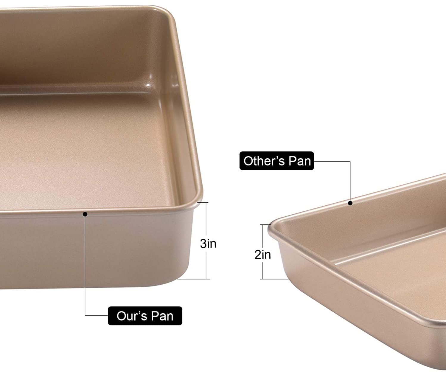 Ksdhotware 8'' x 3'' Deep Square Cake Pan Baking Mold Non-stick Coating Heavy Duty Brownie Bread Tray (Champagne Gold) (Square)