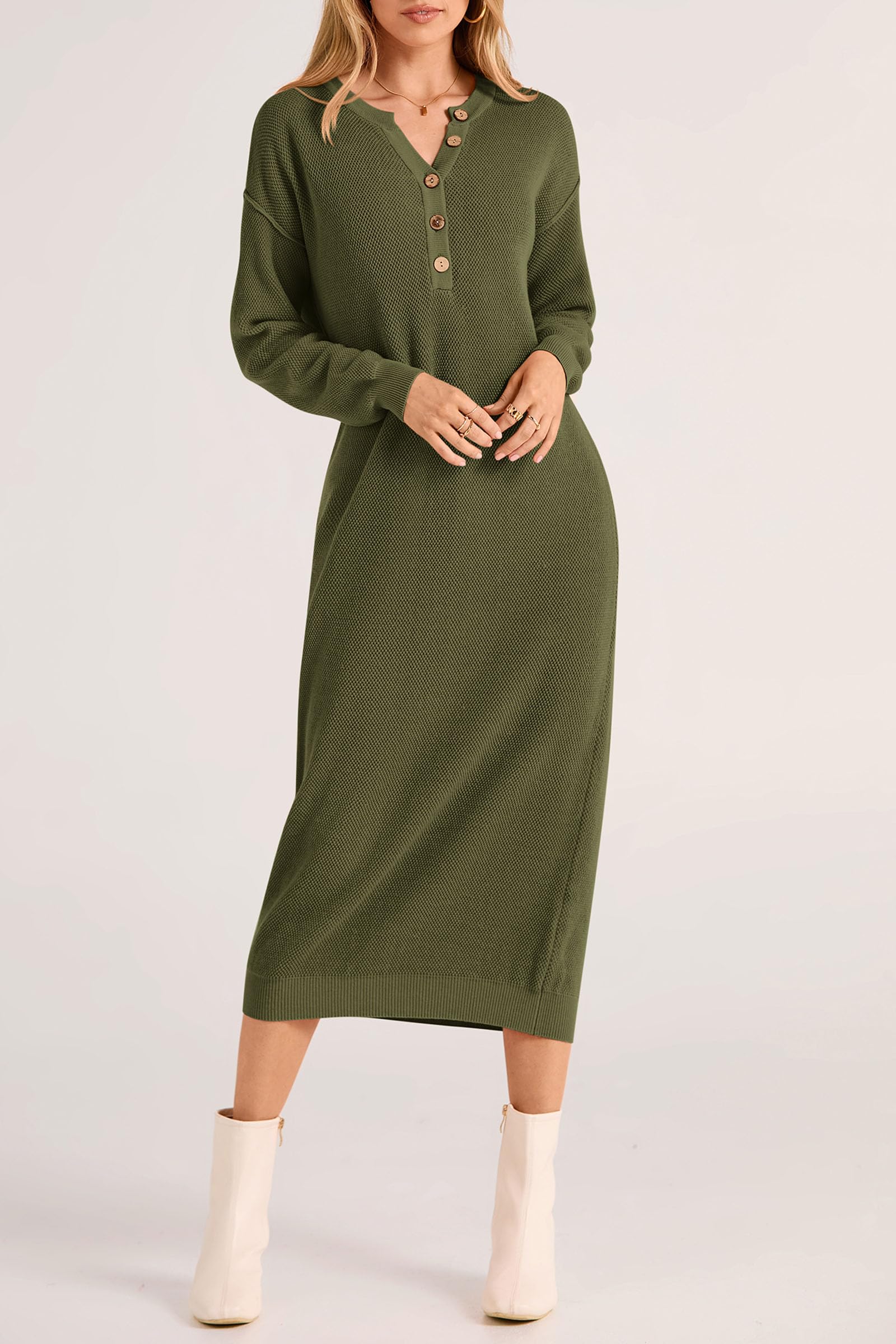 PRETTYGARDEN Women's 2024 Fall Knit Sweater Dress Long Sleeve Button V Neck Loose Casual Maxi Dresses (Black,X-Large)