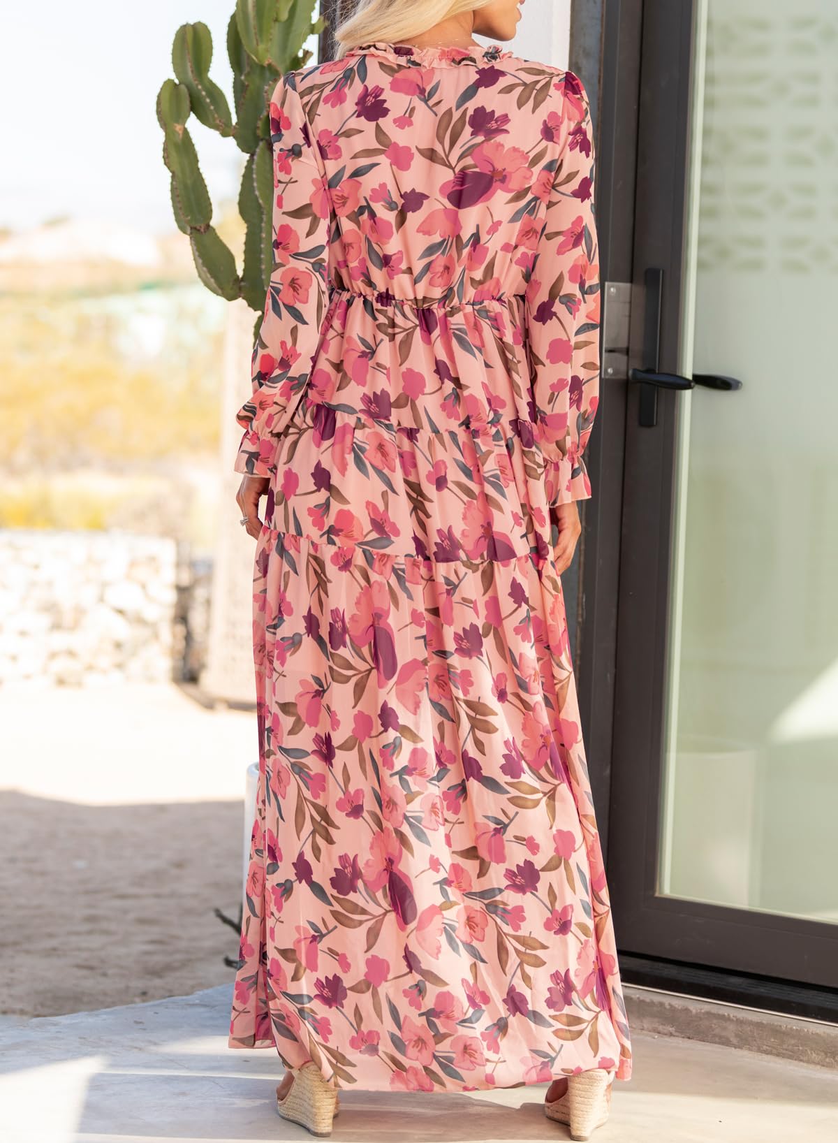 BLENCOT Womens Casual Floral Deep V Neck Long Sleeve Long Evening Dress Cocktail Party Maxi Wedding Dresses Floral Pattern Red Large