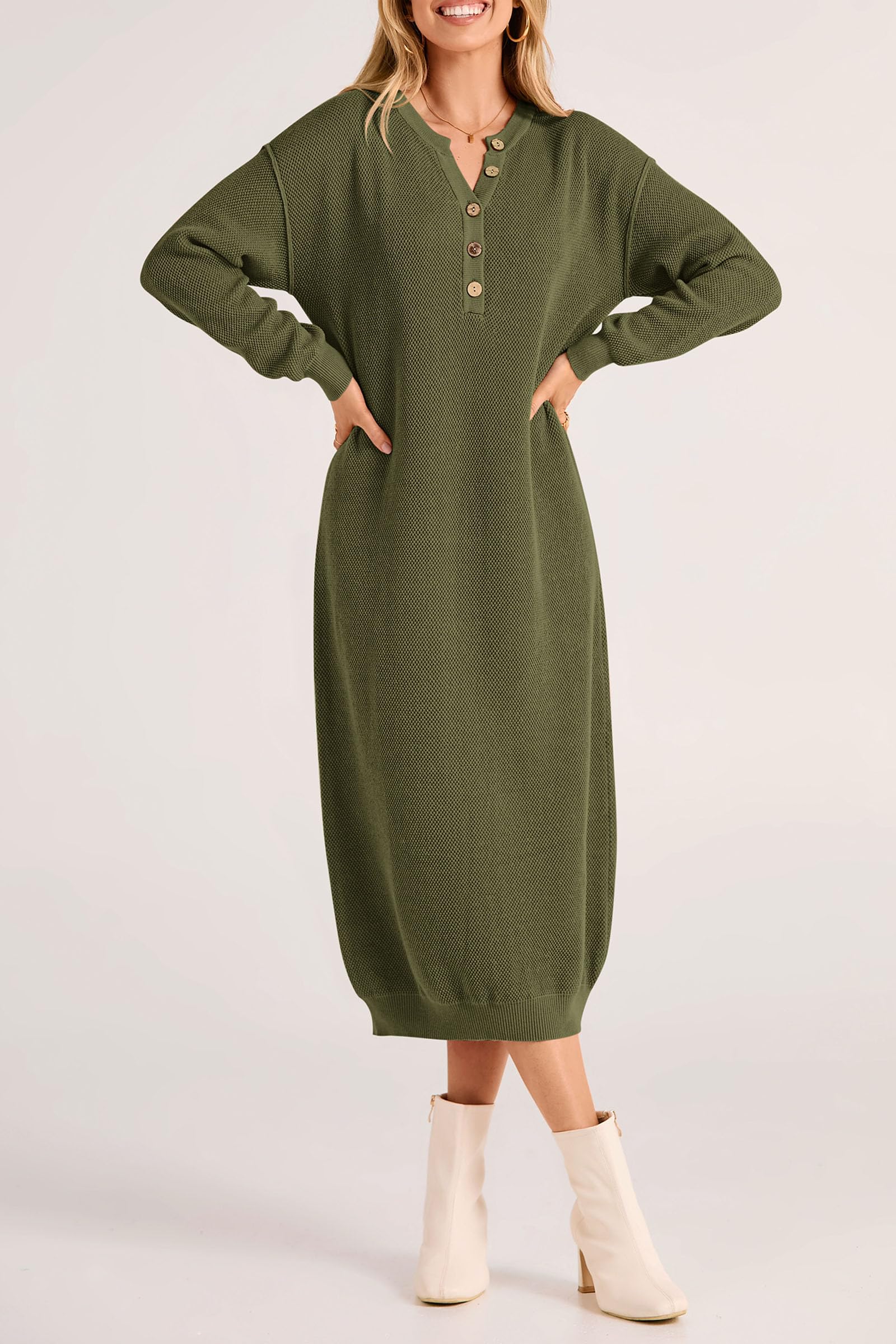 PRETTYGARDEN Women's 2024 Fall Knit Sweater Dress Long Sleeve Button V Neck Loose Casual Maxi Dresses (Black,X-Large)