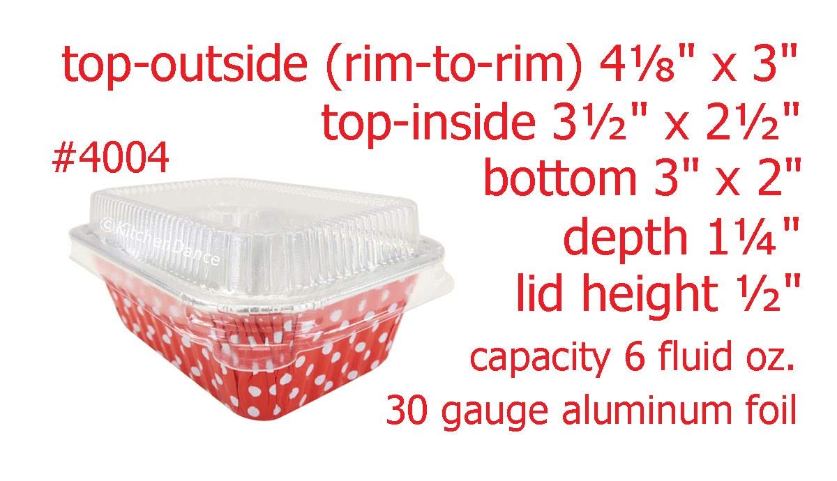 KitchenDance Disposable Aluminum Mini Loaf Pans with LIds - 6 Ounces Rectangular Individual Sized Loaf Pans, Oven Safe Aluminum Foil Baking Pans perfect for Cakes, Cobblers- #4004 (Red Polka Dot, 50)