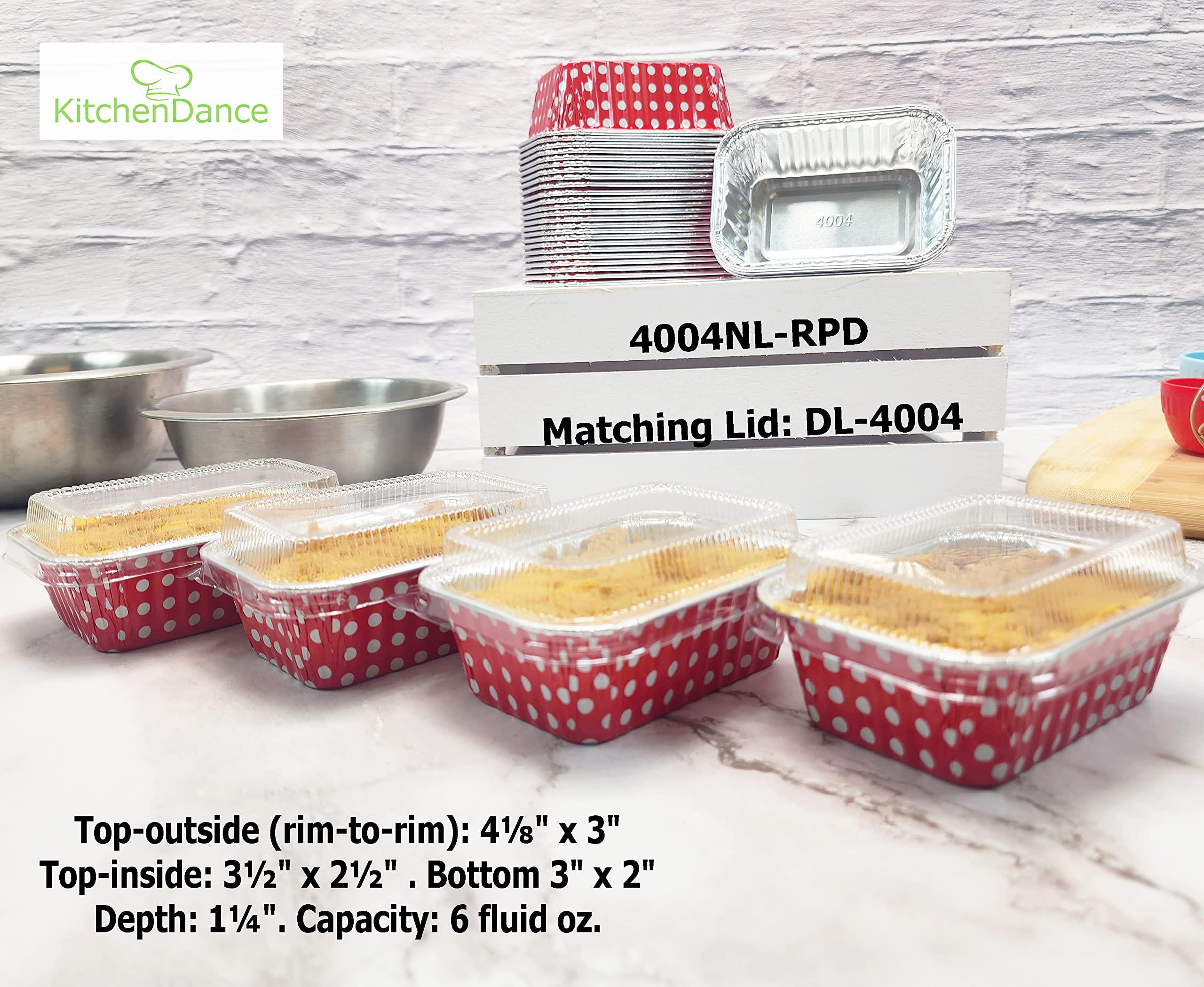 KitchenDance Disposable Aluminum Mini Loaf Pans with LIds - 6 Ounces Rectangular Individual Sized Loaf Pans, Oven Safe Aluminum Foil Baking Pans perfect for Cakes, Cobblers- #4004 (Red Polka Dot, 50)