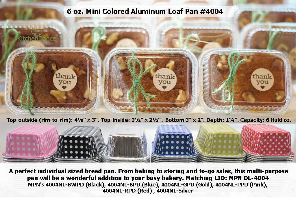 KitchenDance Disposable Aluminum Mini Loaf Pans with LIds - 6 Ounces Rectangular Individual Sized Loaf Pans, Oven Safe Aluminum Foil Baking Pans perfect for Cakes, Cobblers- #4004 (Red Polka Dot, 50)