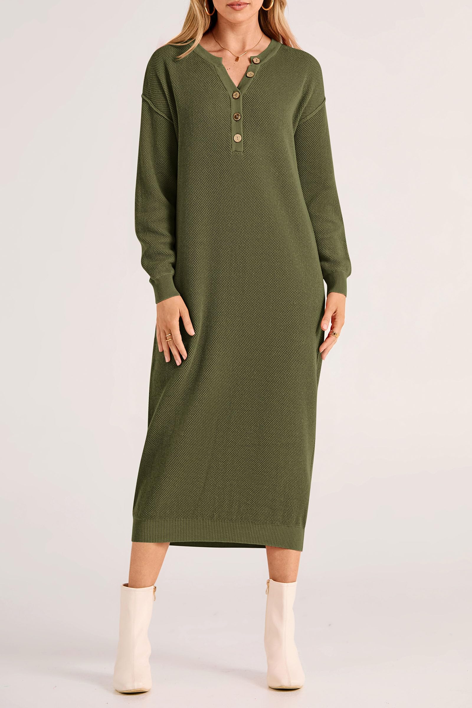 PRETTYGARDEN Women's 2024 Fall Knit Sweater Dress Long Sleeve Button V Neck Loose Casual Maxi Dresses (Black,X-Large)
