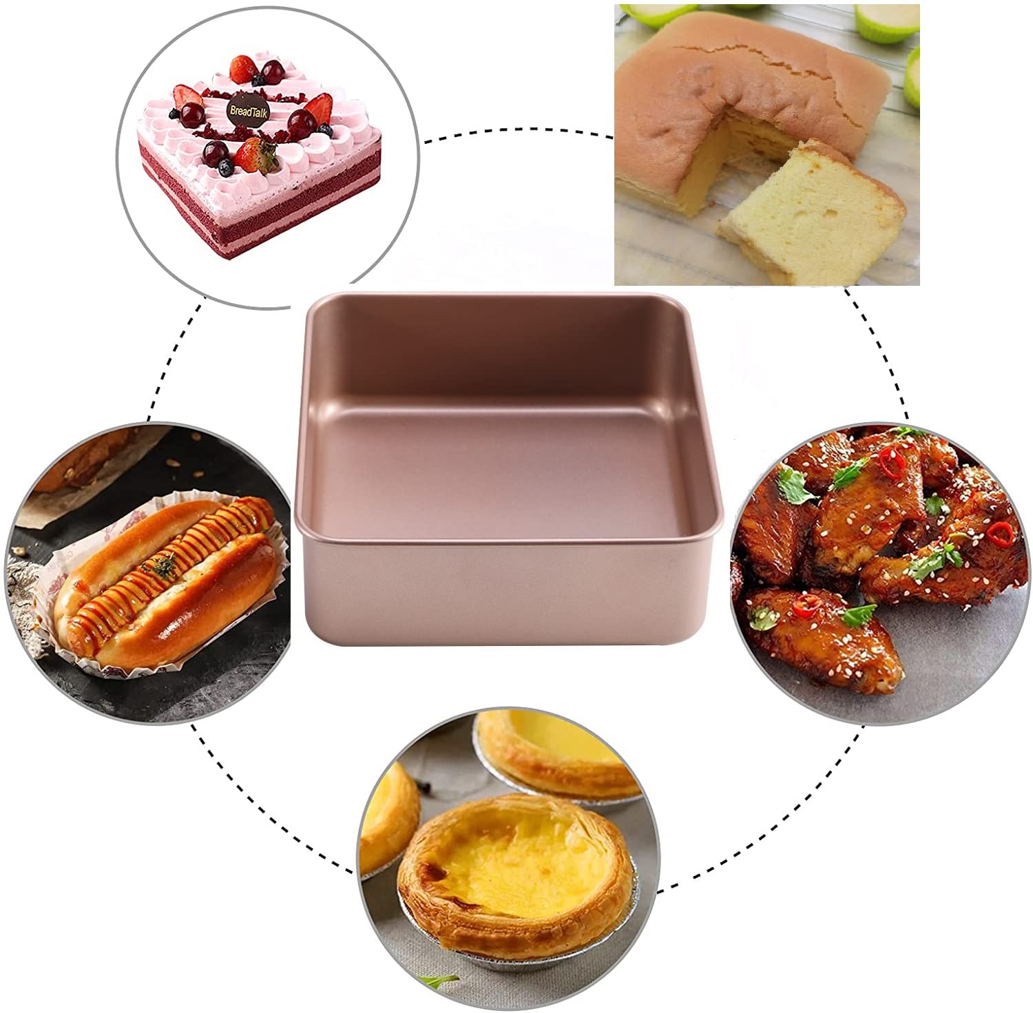 Ksdhotware 8'' x 3'' Deep Square Cake Pan Baking Mold Non-stick Coating Heavy Duty Brownie Bread Tray (Champagne Gold) (Square)