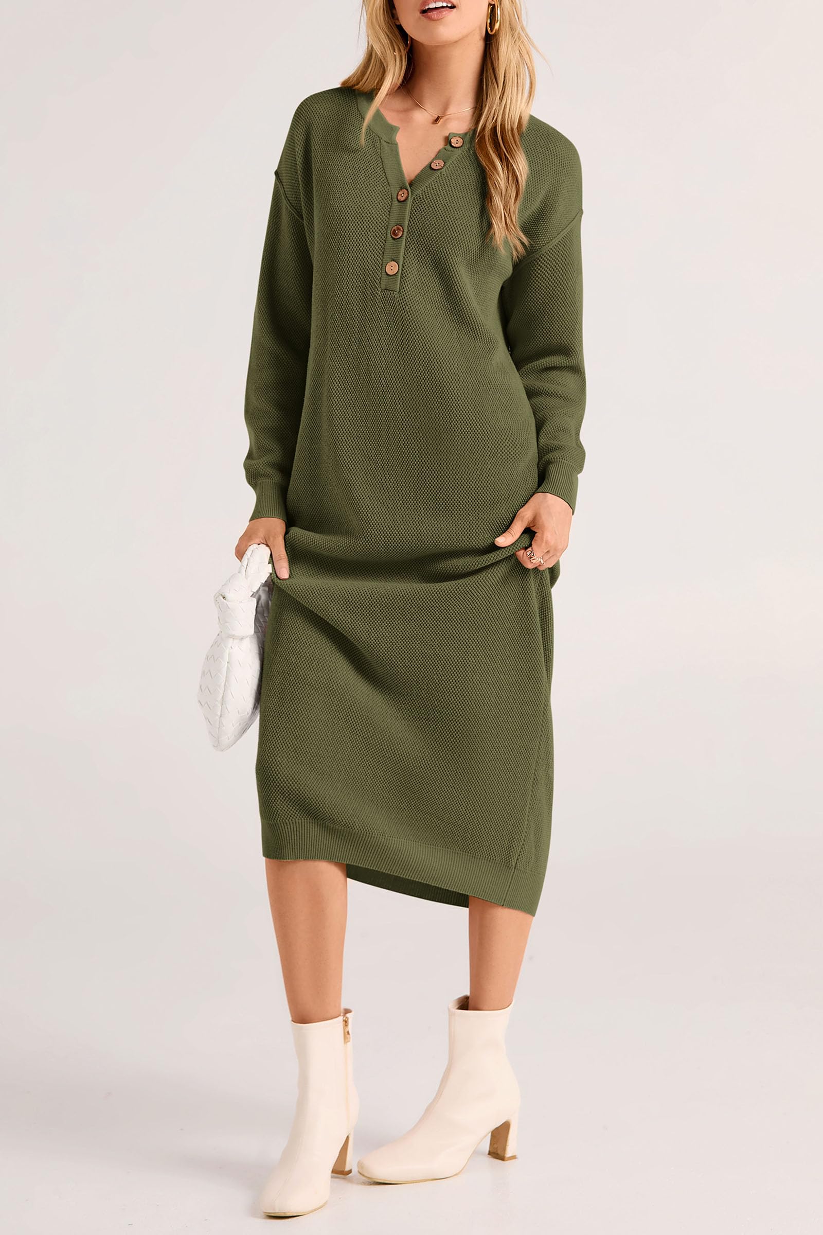 PRETTYGARDEN Women's 2024 Fall Knit Sweater Dress Long Sleeve Button V Neck Loose Casual Maxi Dresses (Black,X-Large)