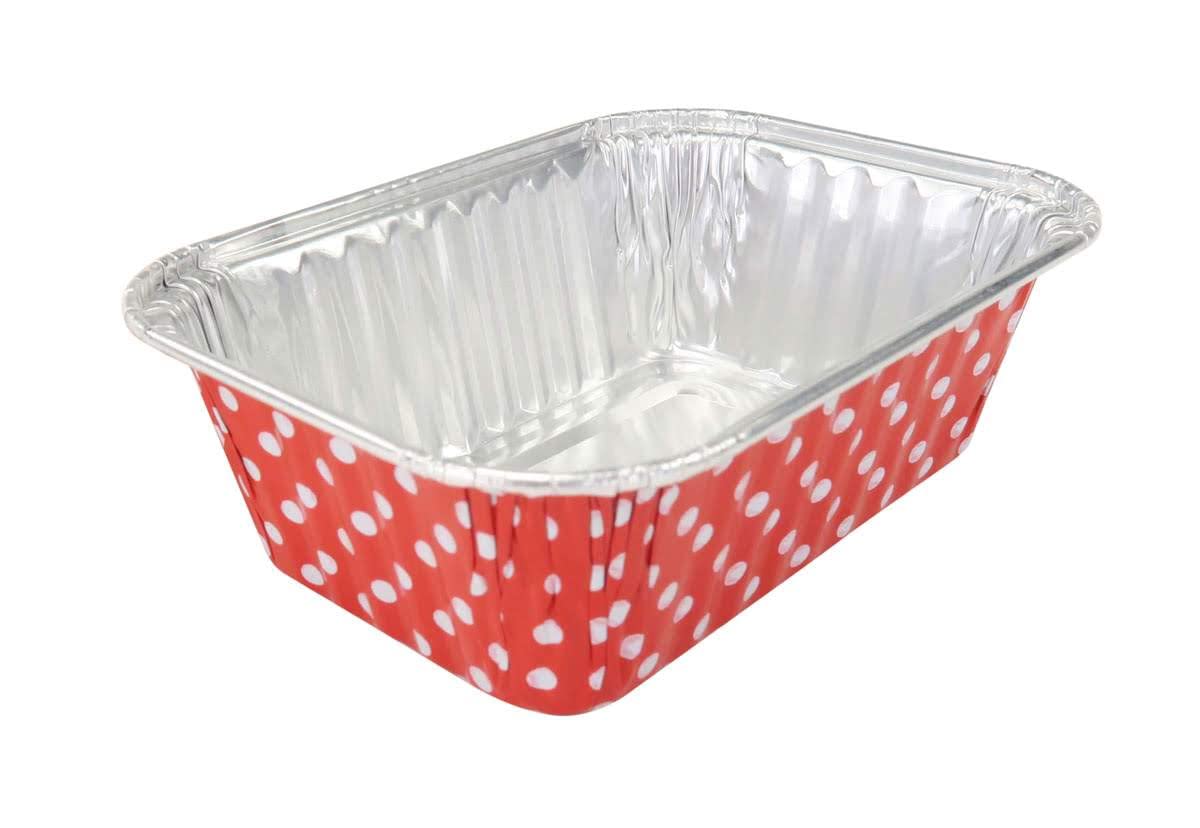 KitchenDance Disposable Aluminum Mini Loaf Pans with LIds - 6 Ounces Rectangular Individual Sized Loaf Pans, Oven Safe Aluminum Foil Baking Pans perfect for Cakes, Cobblers- #4004 (Red Polka Dot, 50)