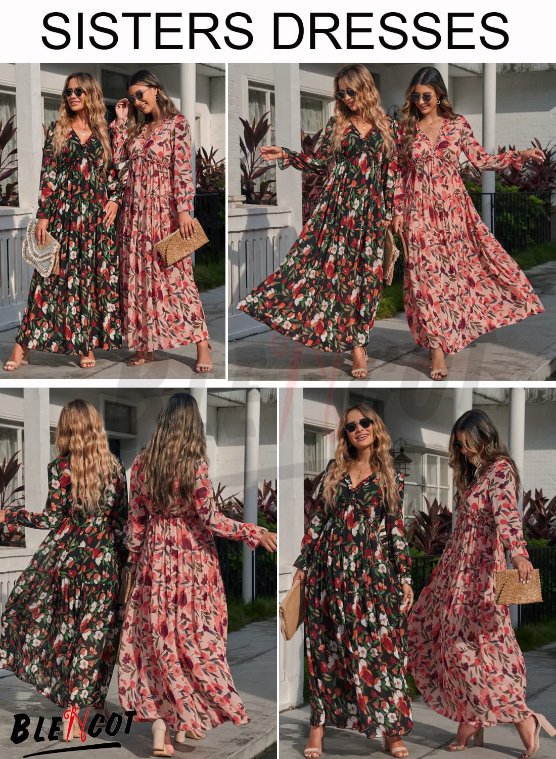 BLENCOT Womens Casual Floral Deep V Neck Long Sleeve Long Evening Dress Cocktail Party Maxi Wedding Dresses Floral Pattern Red Large