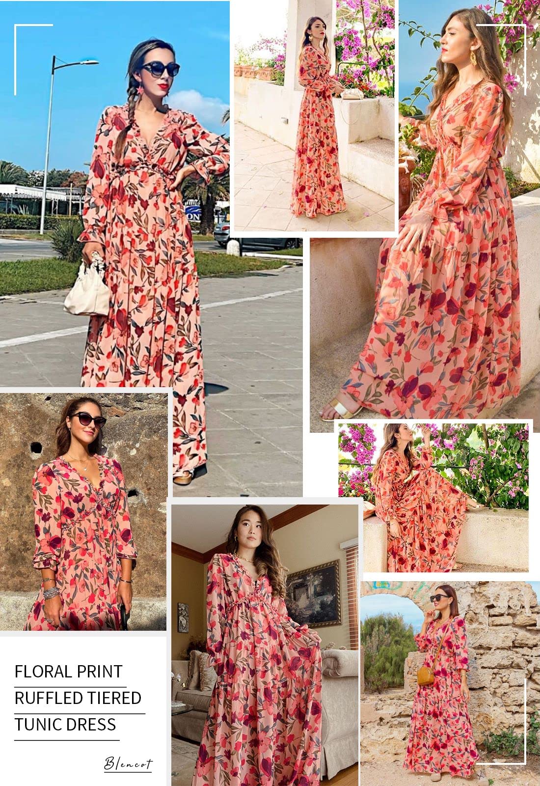 BLENCOT Womens Casual Floral Deep V Neck Long Sleeve Long Evening Dress Cocktail Party Maxi Wedding Dresses Floral Pattern Red Large