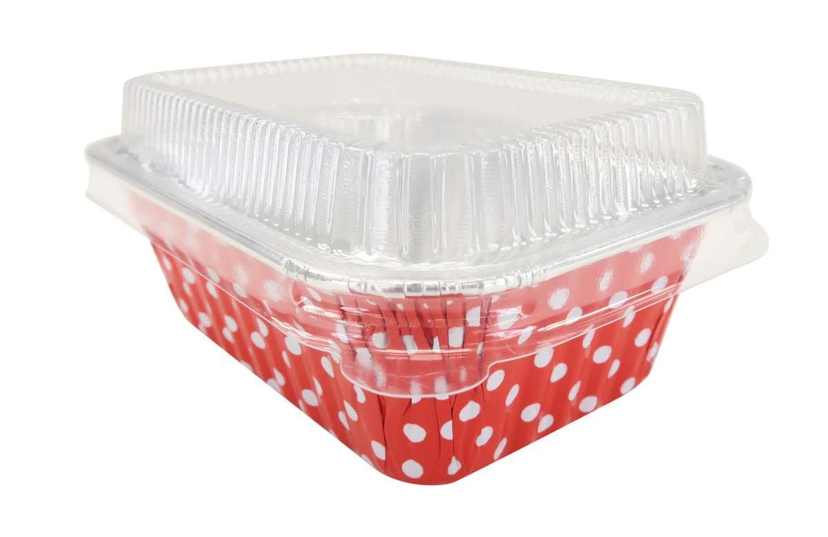KitchenDance Disposable Aluminum Mini Loaf Pans with LIds - 6 Ounces Rectangular Individual Sized Loaf Pans, Oven Safe Aluminum Foil Baking Pans perfect for Cakes, Cobblers- #4004 (Red Polka Dot, 50)