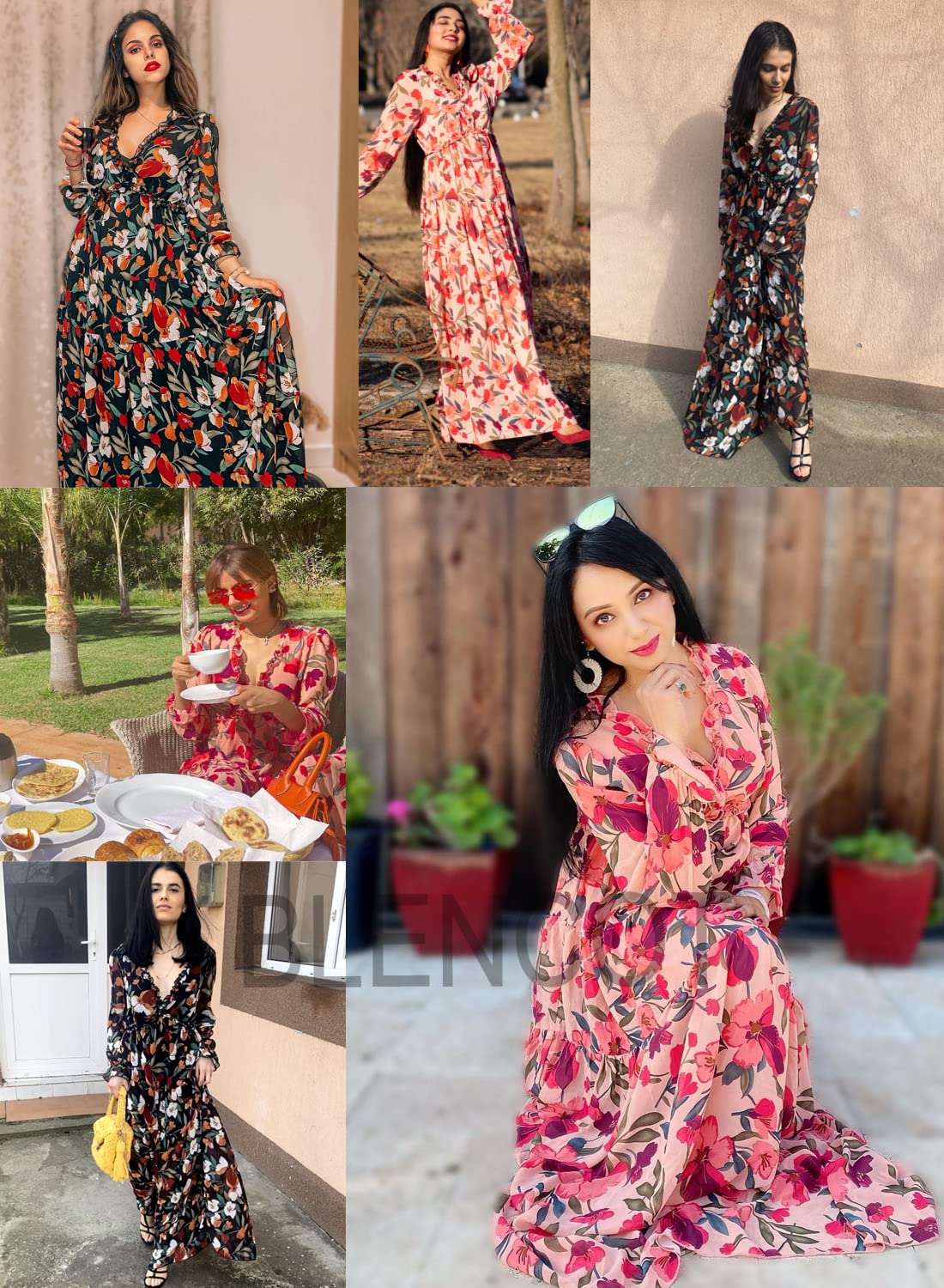 BLENCOT Womens Casual Floral Deep V Neck Long Sleeve Long Evening Dress Cocktail Party Maxi Wedding Dresses Floral Pattern Red Large
