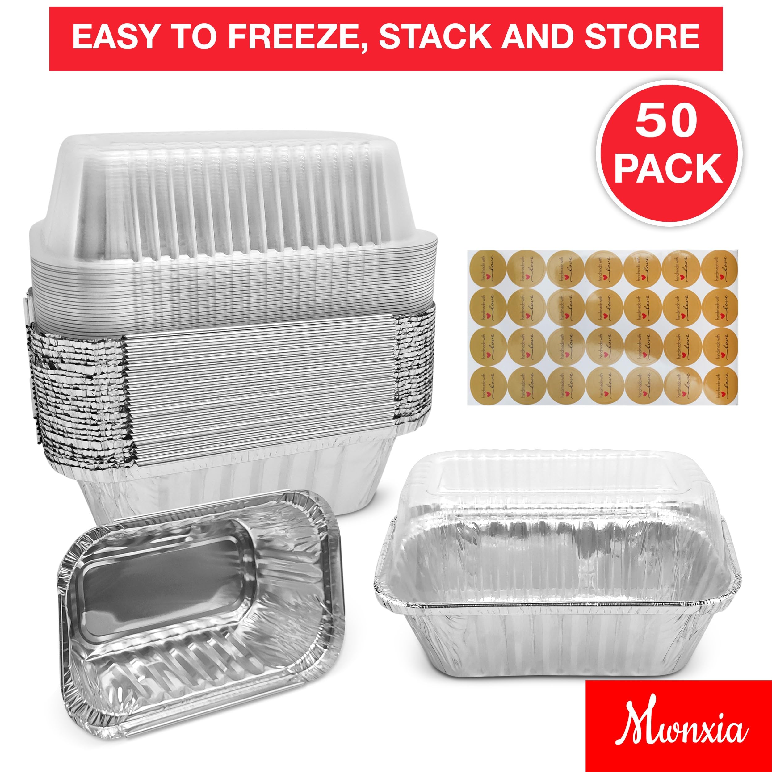 Mwnxia Mini Loaf Pans with Lids 50 Pack Small Aluminum Pans with Lids complete with Handmade with Love Stickers for Baking Bread, Fruit Cake, Banana Bread, Meat loaf and Baked Goods