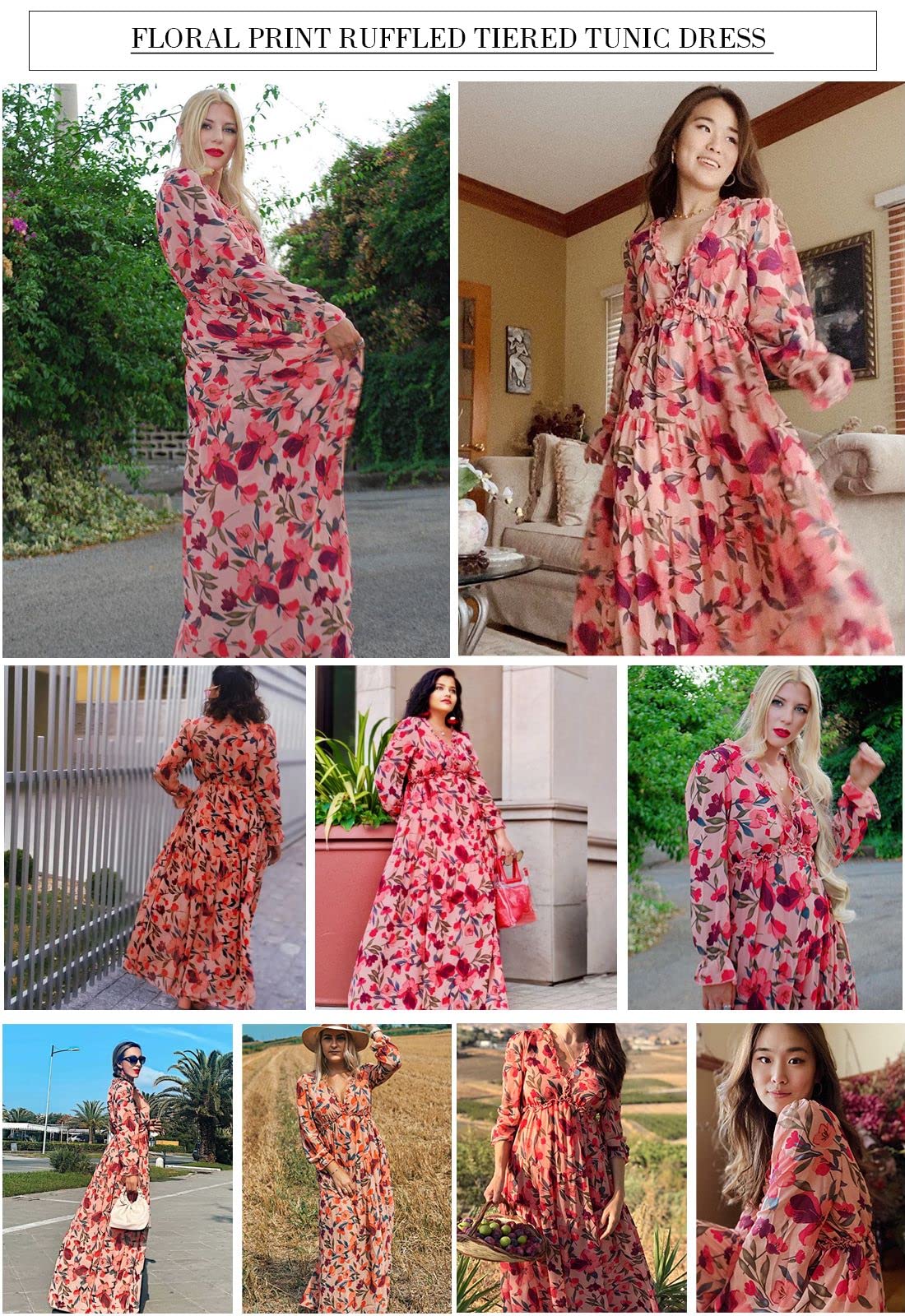 BLENCOT Womens Casual Floral Deep V Neck Long Sleeve Long Evening Dress Cocktail Party Maxi Wedding Dresses Floral Pattern Red Large