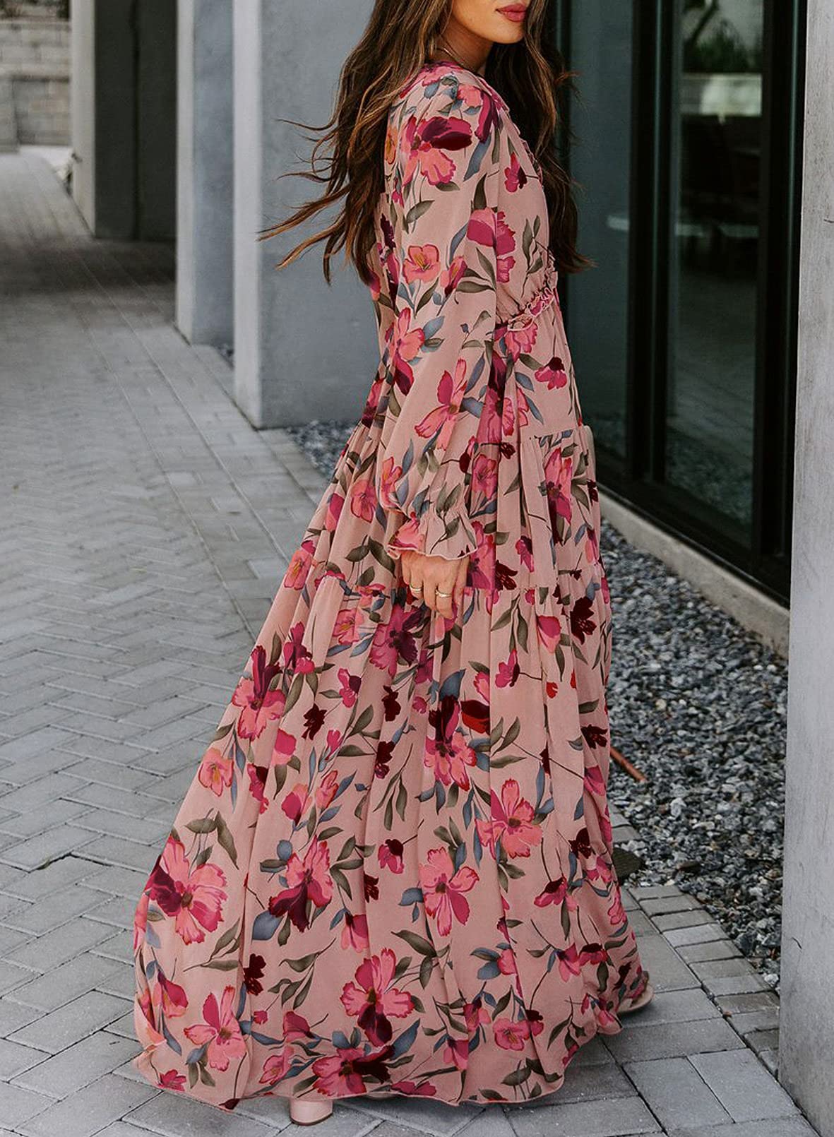 BLENCOT Womens Casual Floral Deep V Neck Long Sleeve Long Evening Dress Cocktail Party Maxi Wedding Dresses Floral Pattern Red Large