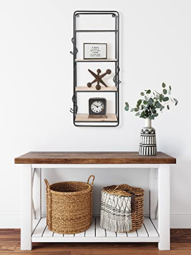 Creative Co-Op 32 Inch Metal & Wood Hooks Wall Shelf, Black