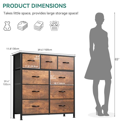 YITAHOME Dresser with 9 Drawers - Fabric Storage Tower, Organizer Unit for Living Room, Hallway - Sturdy Steel Frame, Wooden Top & Easy Pull Fabric Bins (Rustic Brown)