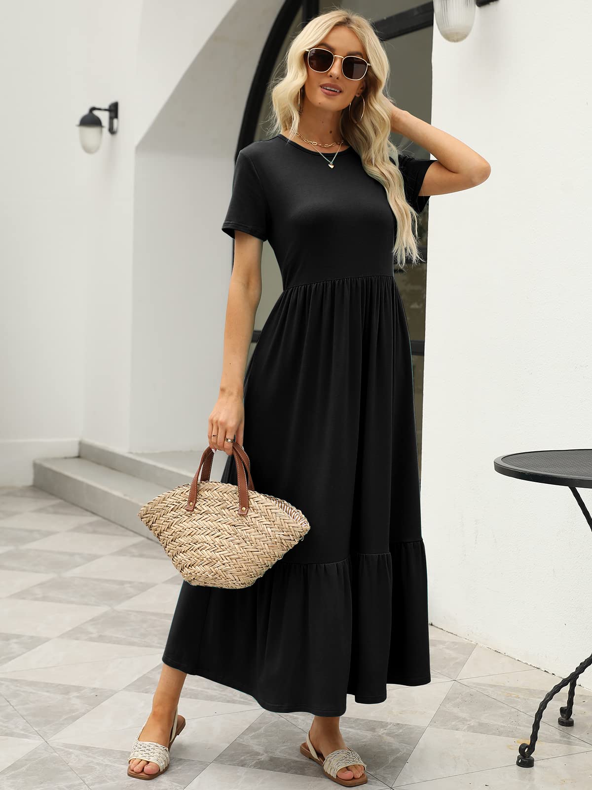 LILLUSORY Womens Short Sleeve Crew Neck Tiered Flowy Swing Midi Dresses with Pockets Black
