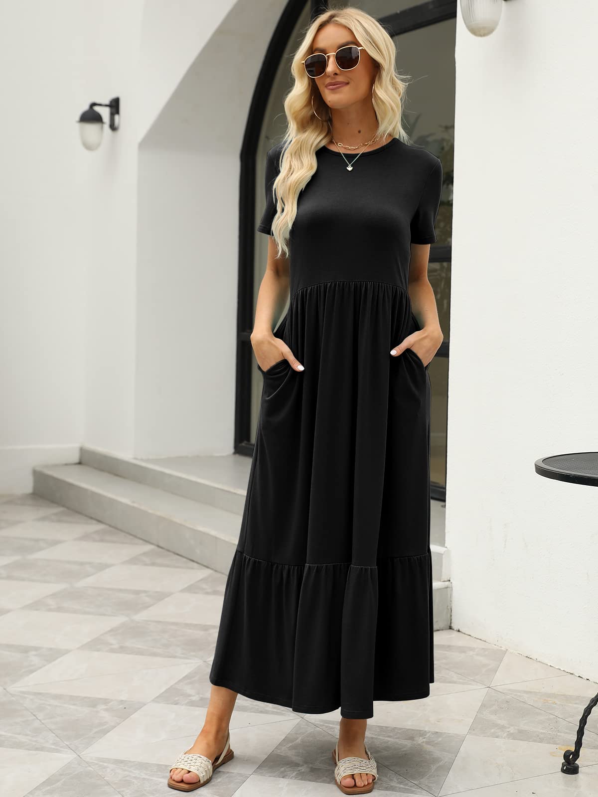 LILLUSORY Womens Short Sleeve Crew Neck Tiered Flowy Swing Midi Dresses with Pockets Black