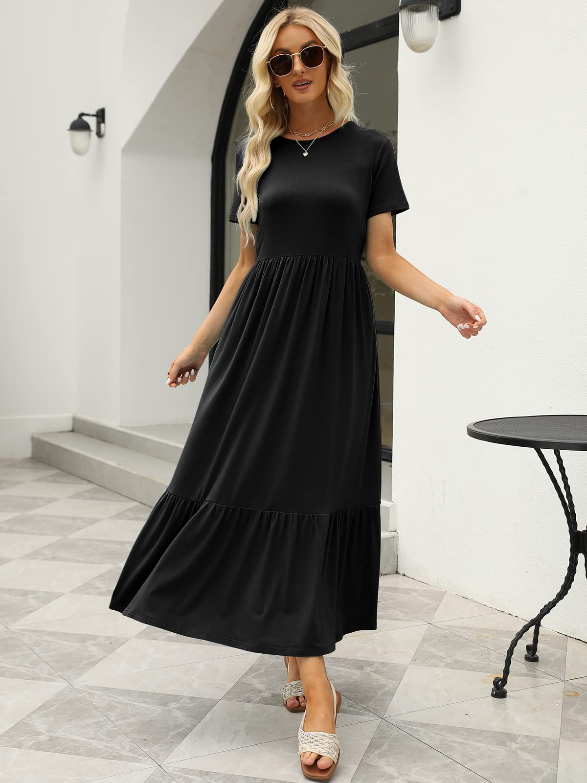 LILLUSORY Womens Short Sleeve Crew Neck Tiered Flowy Swing Midi Dresses with Pockets Black