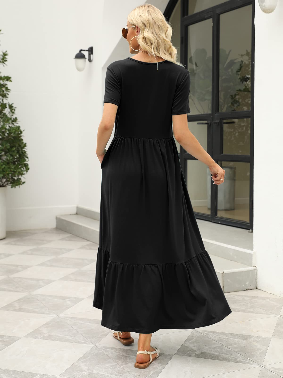 LILLUSORY Womens Short Sleeve Crew Neck Tiered Flowy Swing Midi Dresses with Pockets Black