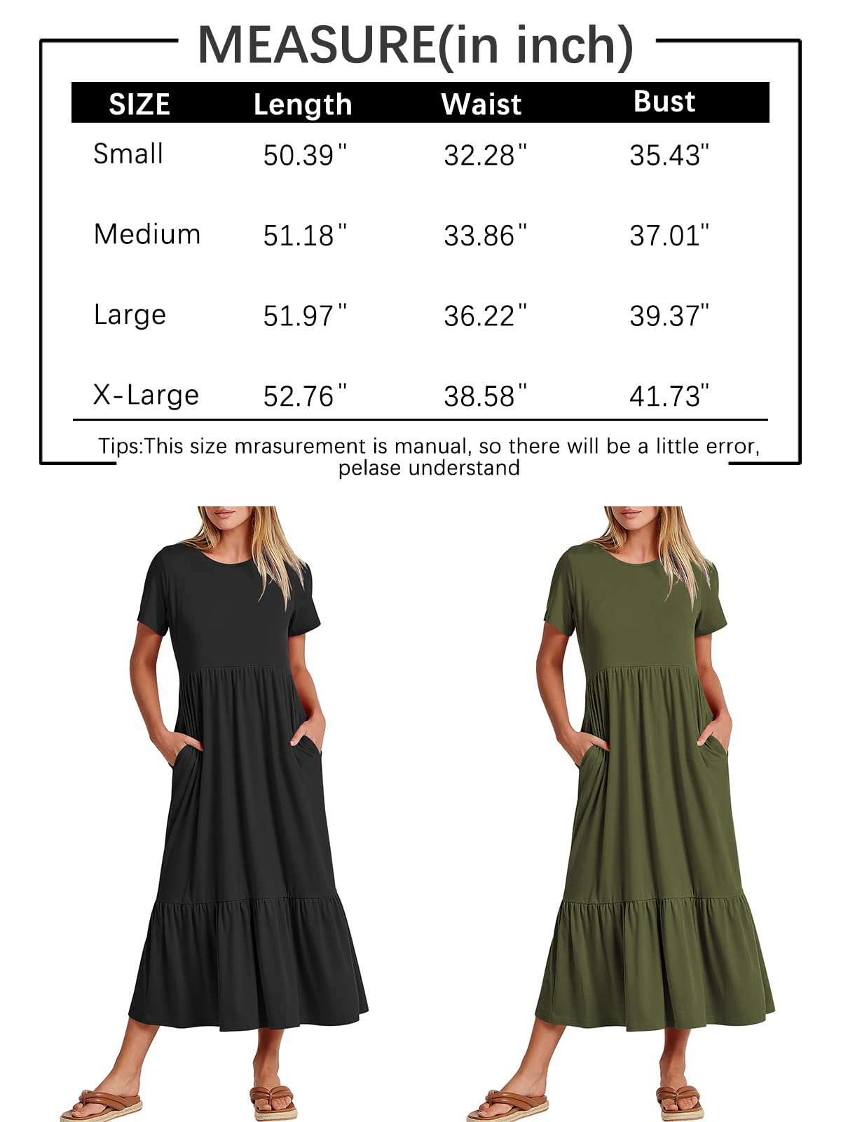 LILLUSORY Womens Short Sleeve Crew Neck Tiered Flowy Swing Midi Dresses with Pockets Black