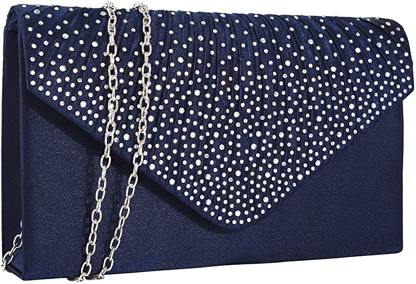 St. Jubileens Ladies Large Evening Satin Bridal Diamante Ladies Clutch Bag Party Prom Envelope (Navy)