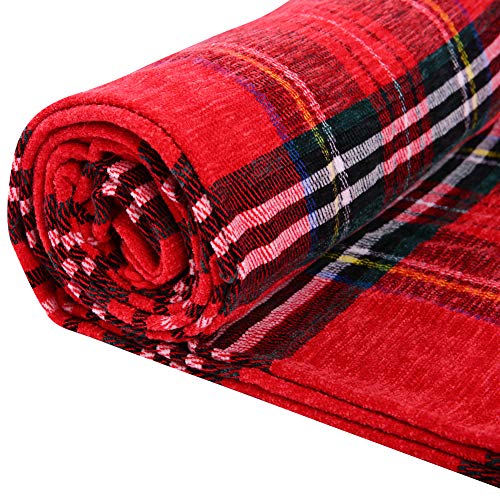 JUDYBRIDAL Plaid Chenille Throw Blanket, Extra Soft Cozy Knitted Decorative Blanket, All-Season Dual-Sided Home Decor Blanket with 3 Inches Tassel for Bed Sofa Couch Chair 50" W x 67" L(Red)