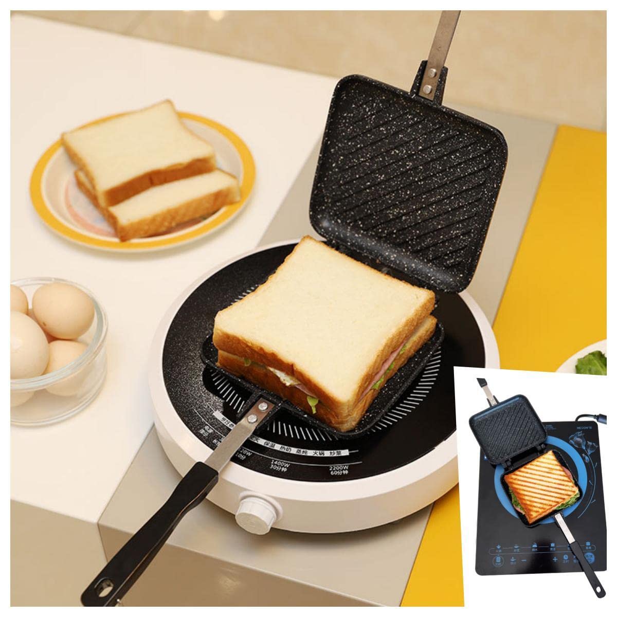 Grill Pan, Nonstick Egg Pancake Steak Frying Skillet with Lid Breakfast Cooker for Gas Stove Induction Cooking