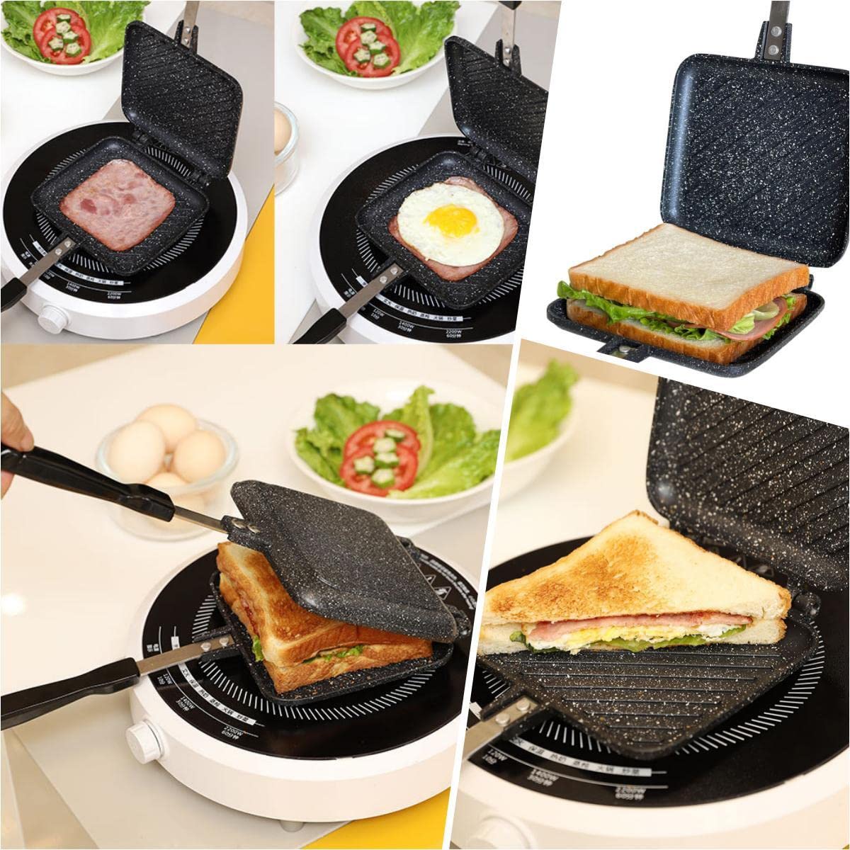 Grill Pan, Nonstick Egg Pancake Steak Frying Skillet with Lid Breakfast Cooker for Gas Stove Induction Cooking