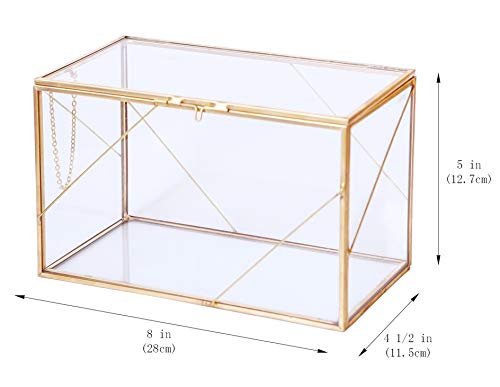 Utopz Decorative Clear Glass Box with Golden Geometric Line & Brass Shadow Box, Jewelry Display Treasure Case, 8 × 4.5 x 5 inch