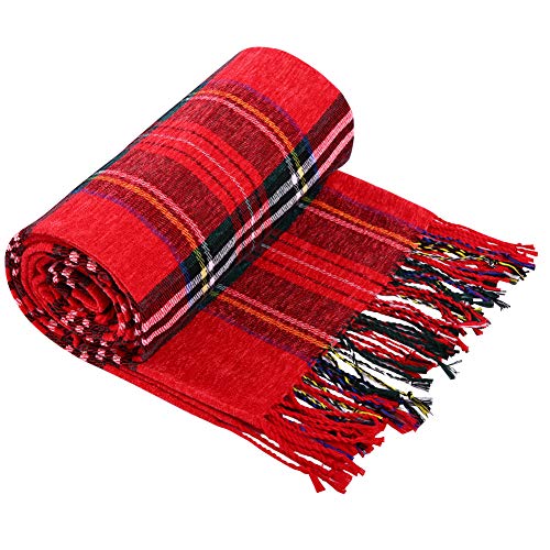 JUDYBRIDAL Plaid Chenille Throw Blanket, Extra Soft Cozy Knitted Decorative Blanket, All-Season Dual-Sided Home Decor Blanket with 3 Inches Tassel for Bed Sofa Couch Chair 50" W x 67" L(Red)