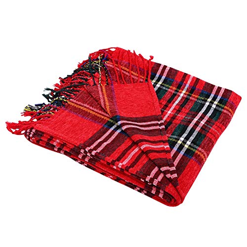 JUDYBRIDAL Plaid Chenille Throw Blanket, Extra Soft Cozy Knitted Decorative Blanket, All-Season Dual-Sided Home Decor Blanket with 3 Inches Tassel for Bed Sofa Couch Chair 50" W x 67" L(Red)